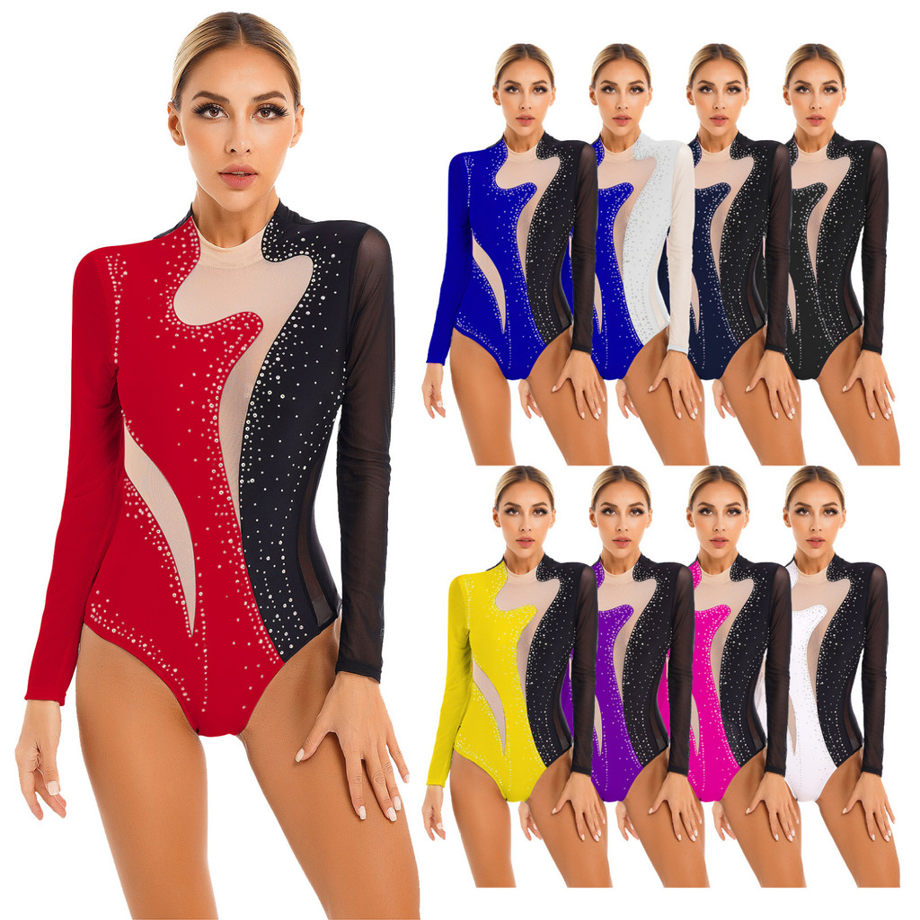 iixpin Women Rhinestones Gymnastics Leotard Long Sleeve Mesh Solice Acrobatics Ballet Dance ...