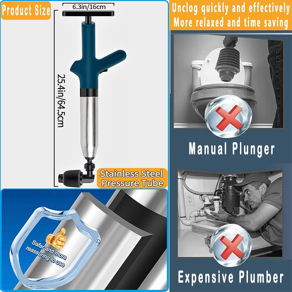 Pipe Plunger High Pressure Electric Toilet Plunger Stainless Steel Air ...