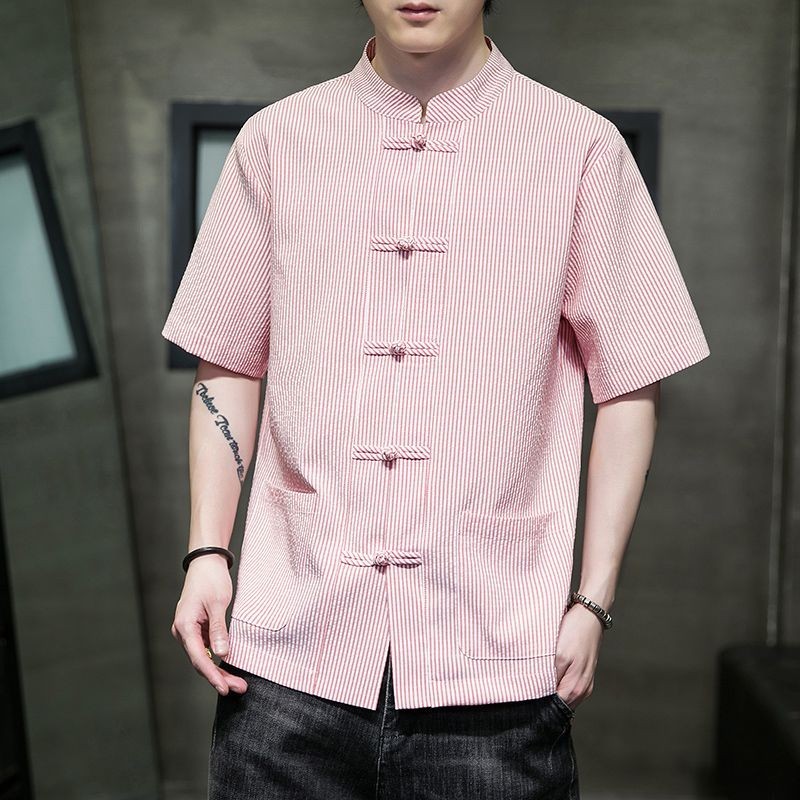 Spring Pink Chinese Style Striped Short-Sleeved Shirt Men Stand-Up ...