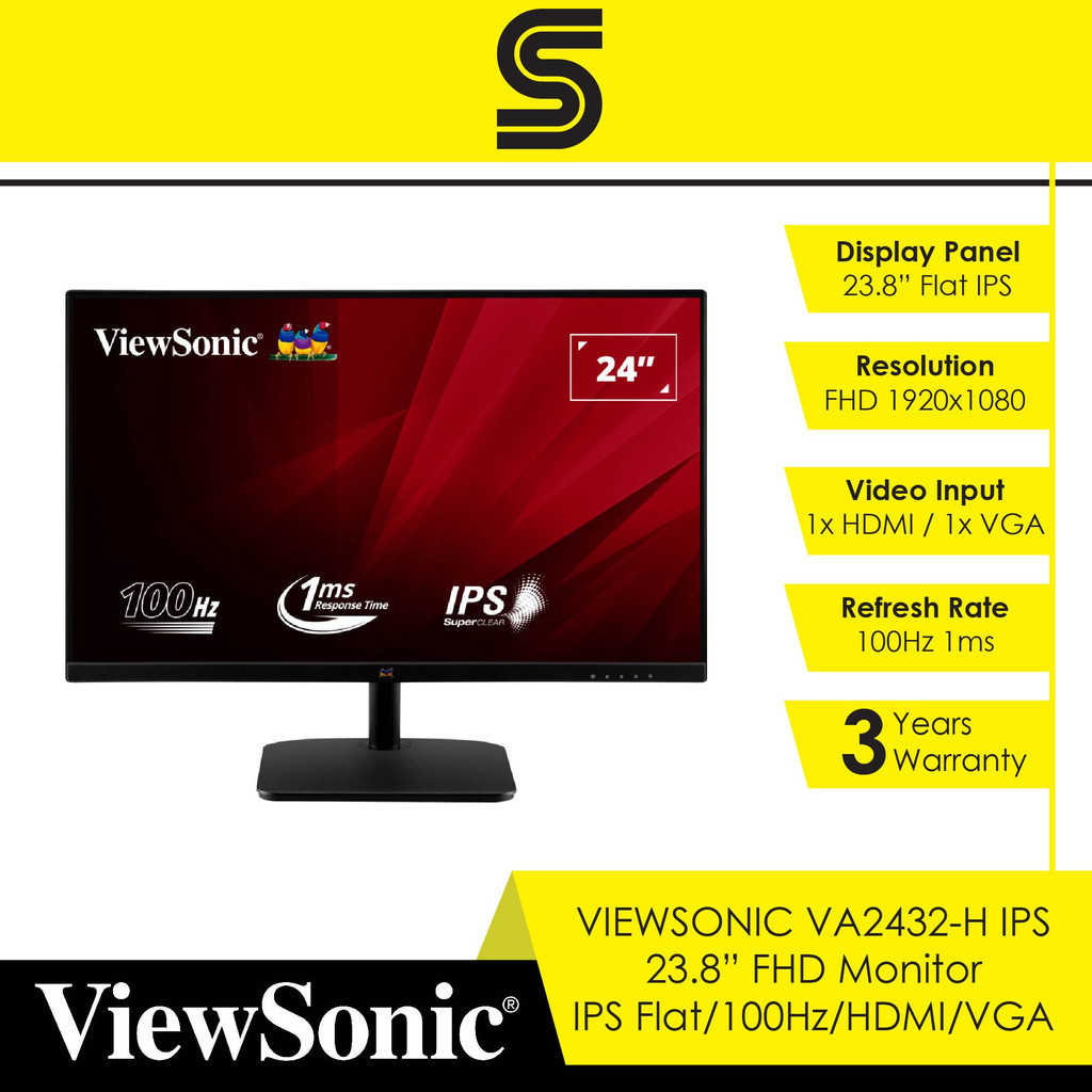VIEWSONIC VA2432-H 23.8" IPS FHD Monitor (100Hz/1ms/1x HDMI/1x VGA/VESA ...