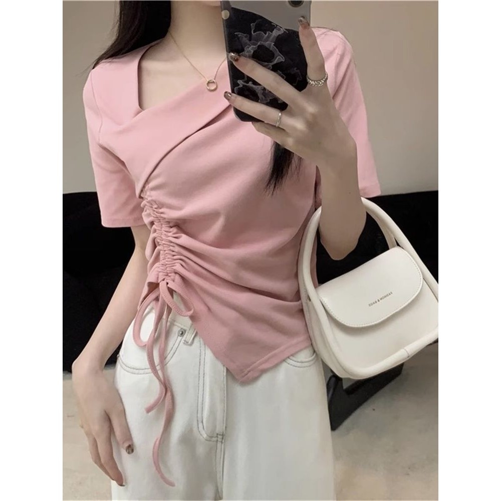 Fashionable blouses woman irregular drawstring tops new Korean style ...