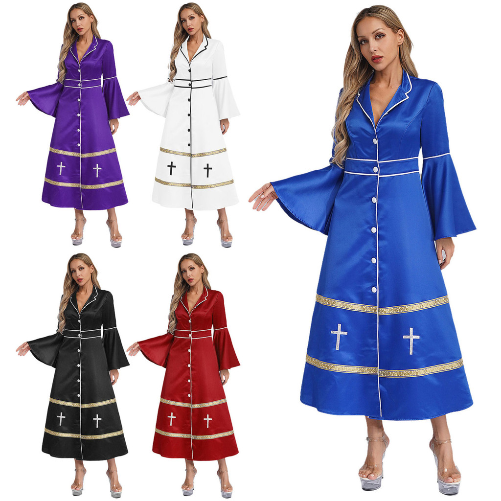 JEYPINMI Women Stand Collar Long Sleeve Buttons Cassock Robes Clergy ...