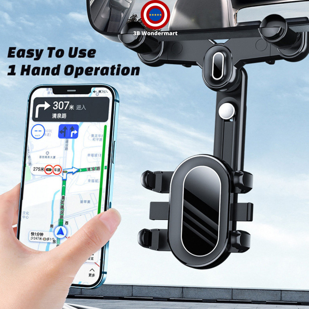 Car Phone Holder Rearview Mirror 360° Rotatable Retractable Phone Mount ...