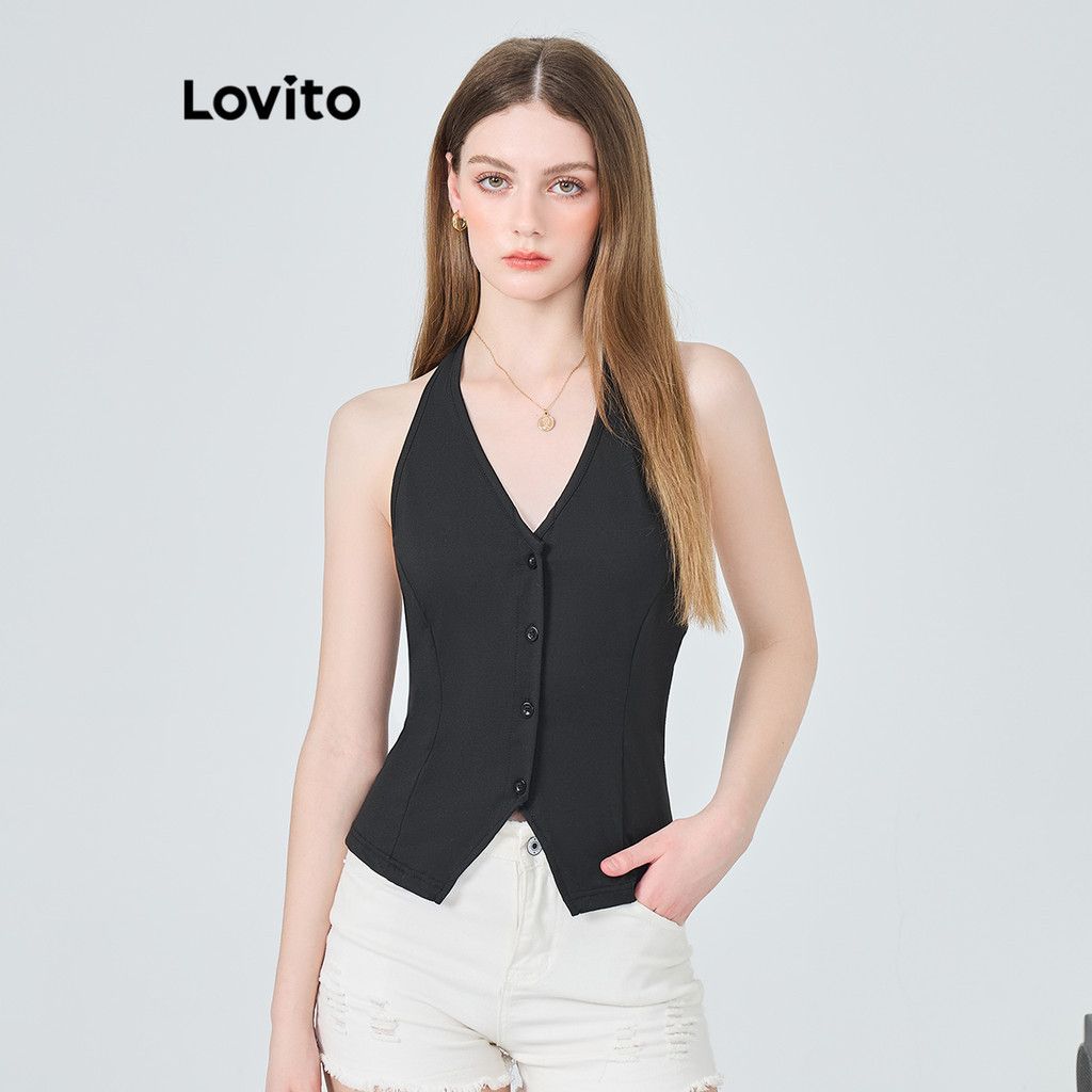 Lovito Elegant Plain Button Tank Top for Women L86ED449 | Shopee Malaysia