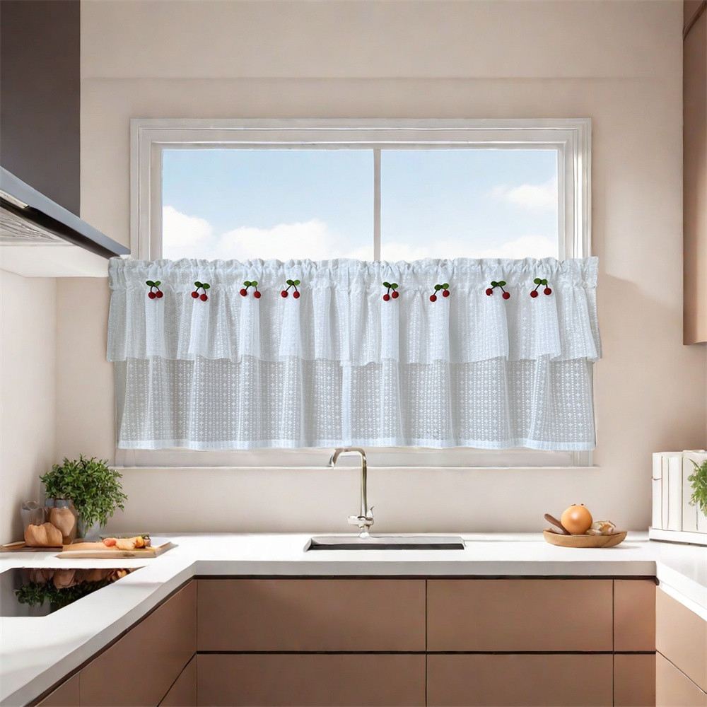 White Striped Short Sheer Curtain For Kitchen Door Curtain Tier Cherry ...