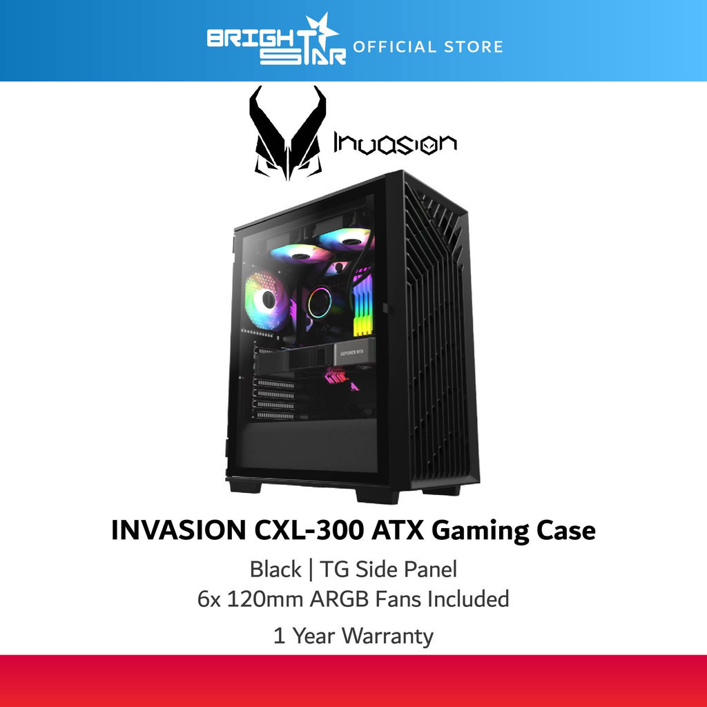 INVASION CXL-300 ATX Gaming Case TG Panel 6x 120mm ARGB Fans - Black ...