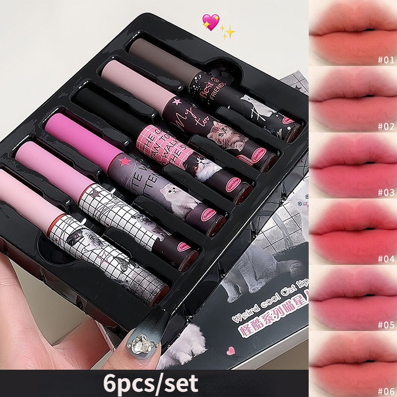 Daimanpu 6Pcs Cute Cat Lip Glaze Pink Matte Velvet Lipstick Set ...