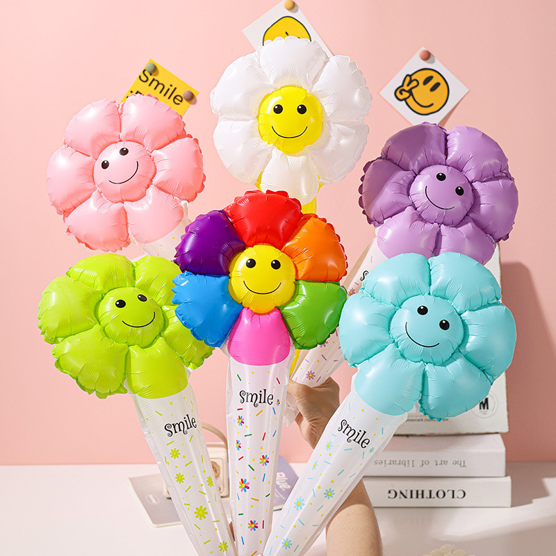 Smiley Face Daisy Shape Handheld Stick Birthday Party Balloon ...