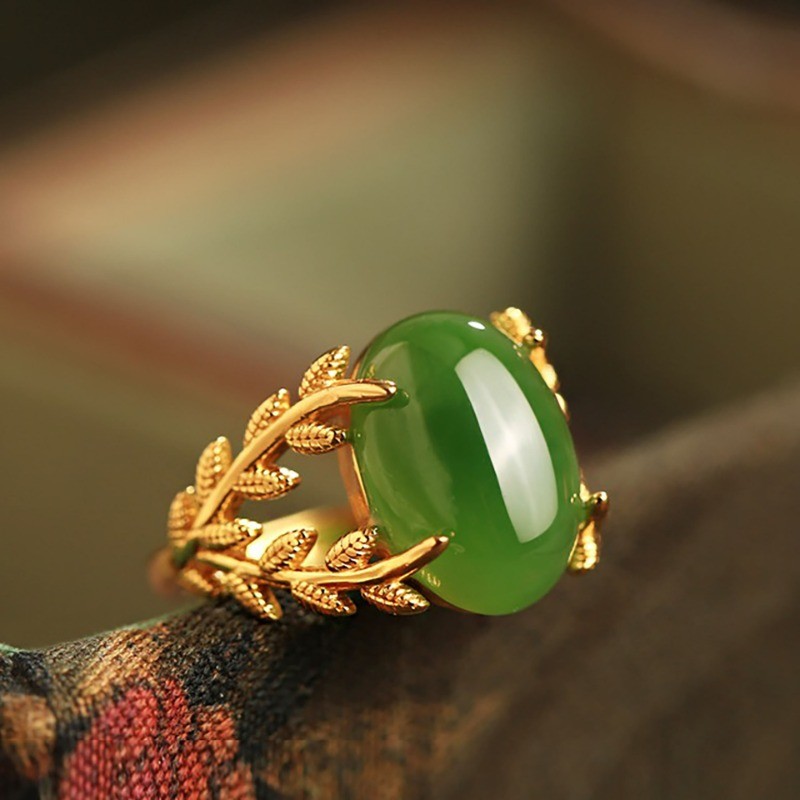 Original 916 Gold Natural hetian Jade Green Agate Ring Suitable for ...