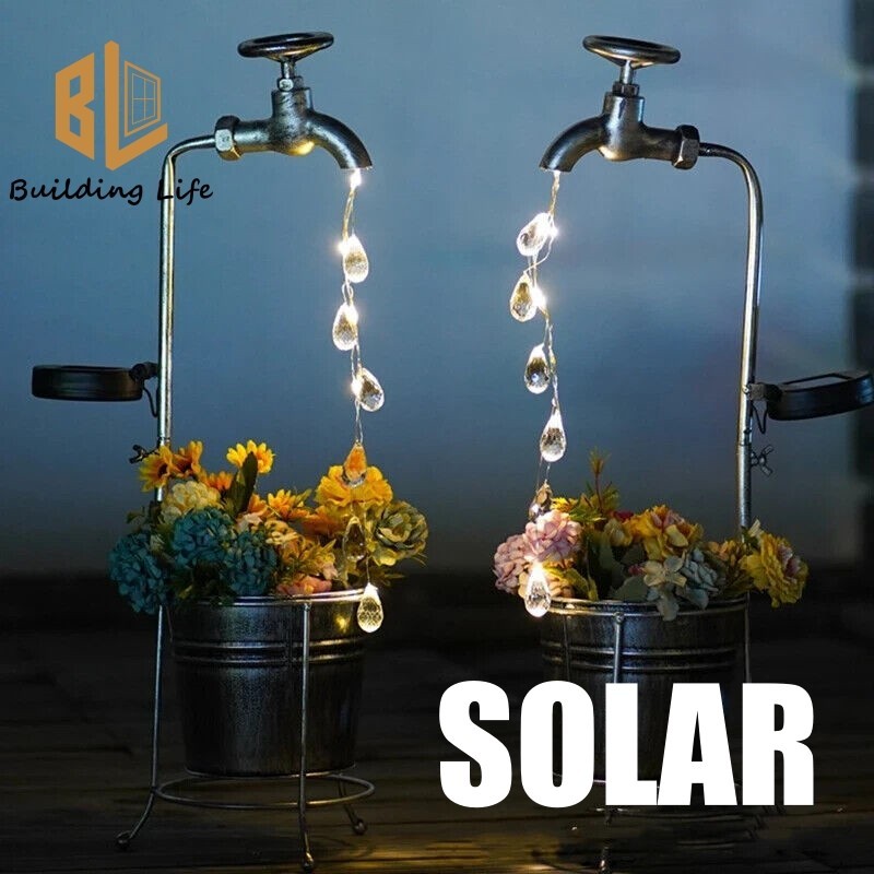 Solar Faucet Solar Garden Lights Stake with Planters Metal Flowerpot ...