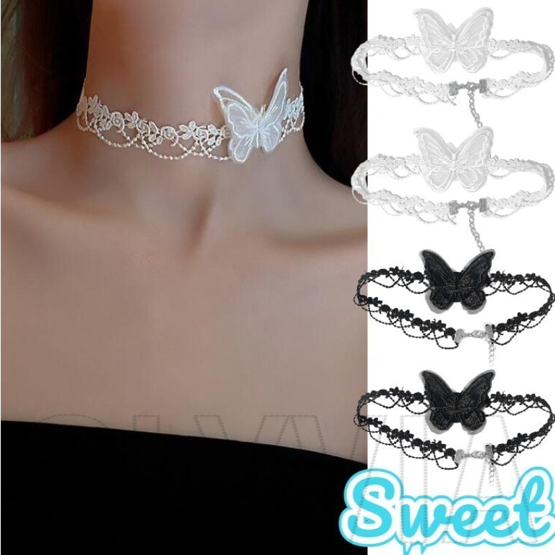 Embroidered Butterfly Choker Necklace - Elegant, Sweet, Fashion - Lace ...