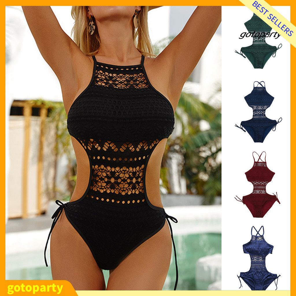 Gtp Sexy One Piece Swimsuit Halter Sleeveless Backless Monokini Slim Fit Solid Color Criss