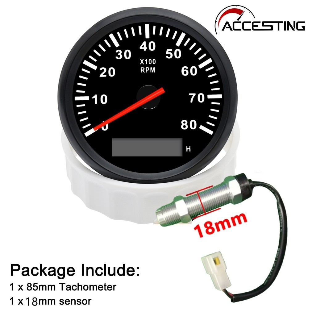85mm Boat Tachometer+M18 Sensor Marine Tacho Meter Gauge LCD Hourmeter ...