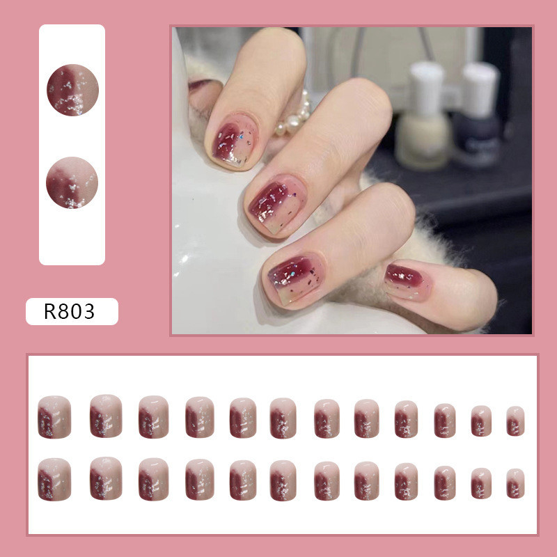 Short Square Minimalist Red Brown Halo Dyeing Shows White, Gentle Temperament, Sweet Fake Nails ...