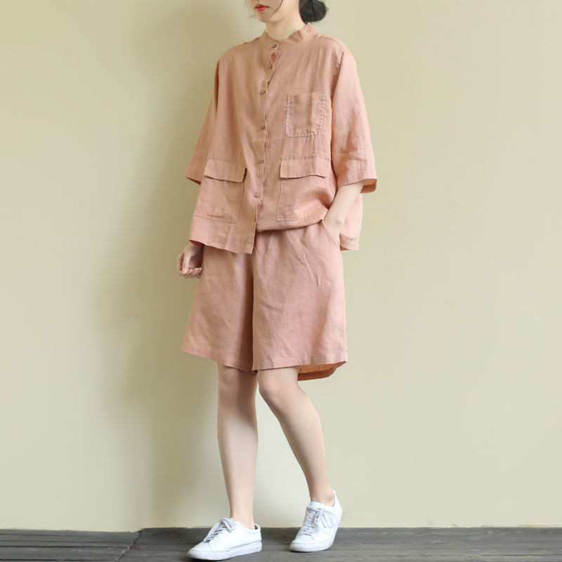 Large Size Summer Women's Suit Women's Summer Stand-Up Collar Shirt Wide-Leg High-Waist Shorts ...