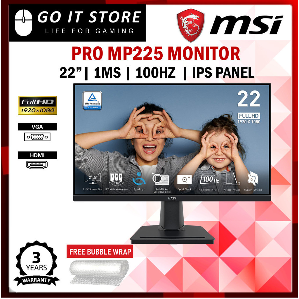 MSI PRO MP225 21.5" IPS FHD 1MS 100Hz BUSINESS PRODUCTIVITY MONITOR ...