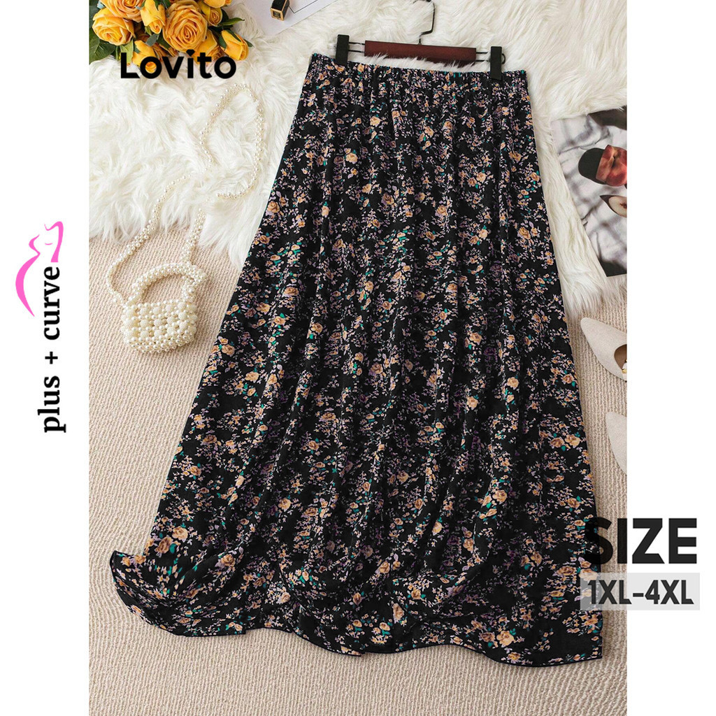 Lovito Plus Size Curve Elegant Ditsy Floral Pattern Skirts for Women ...