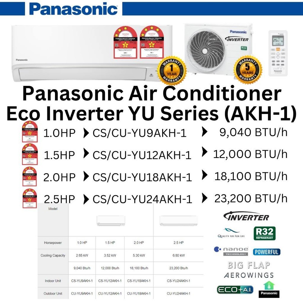 Panasonic Eco Inverter Aircond R32 (YU) YU9AKH / YU12AKH / YU18AKH ...