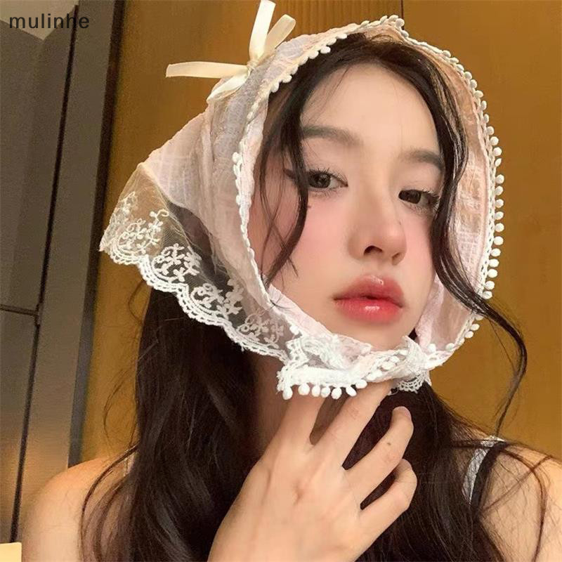 mu Retro Cute Bow Lace Hair Scarf Sweet Y2K Triangle Hair Band Strap ...