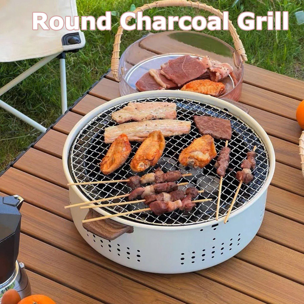 Round Charcoal Grill Portable BBQ Barbecue Grill Enamel Liner All-body ...