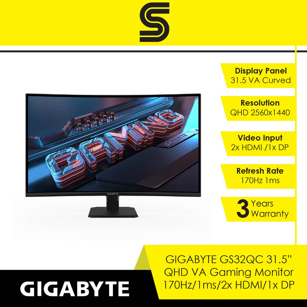 GIGABYTE GS32QC 31.5" QHD VA Curved Gaming Monitor (170Hz/1ms/2x HDMI ...