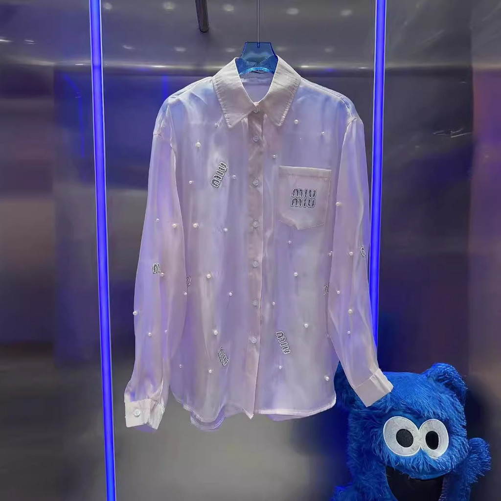 Miu MIU 24ss New Style Organza Design Pearl Design Fairy Fluffy Shirt ...