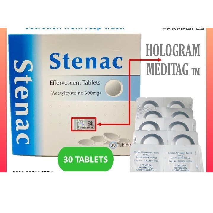 Stenac Effervescent Tablets Acetylcysteine 600mg 30 tablets EXP:08/2027 ...