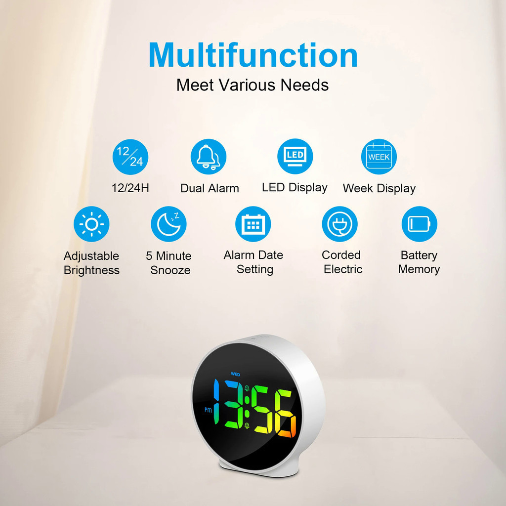 Colorful Alarm Clock Desk Clock Memory Function 12 24H LED Digital ...