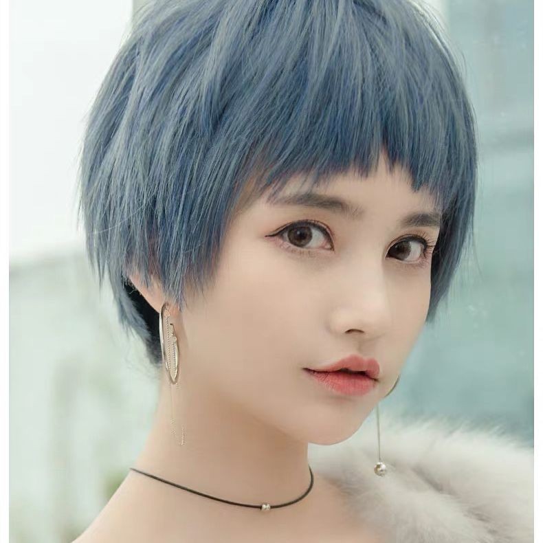 Tjjwig Female Short Hair Influencer Cos Mint Blue Bobo Head Round Face Bald Head Handsome Short 