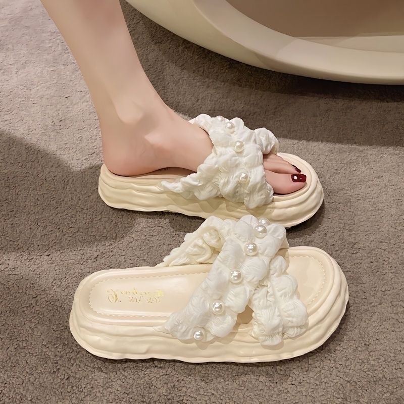 Ladies Pearl Slippers Thick-Soled Slip-On Slippers Beach Sandals Slipp ...