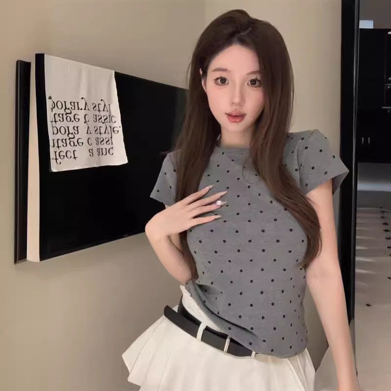 Retro Polka Dot Round Neck Short Sleeved T Shirt Womens Clothing 2024