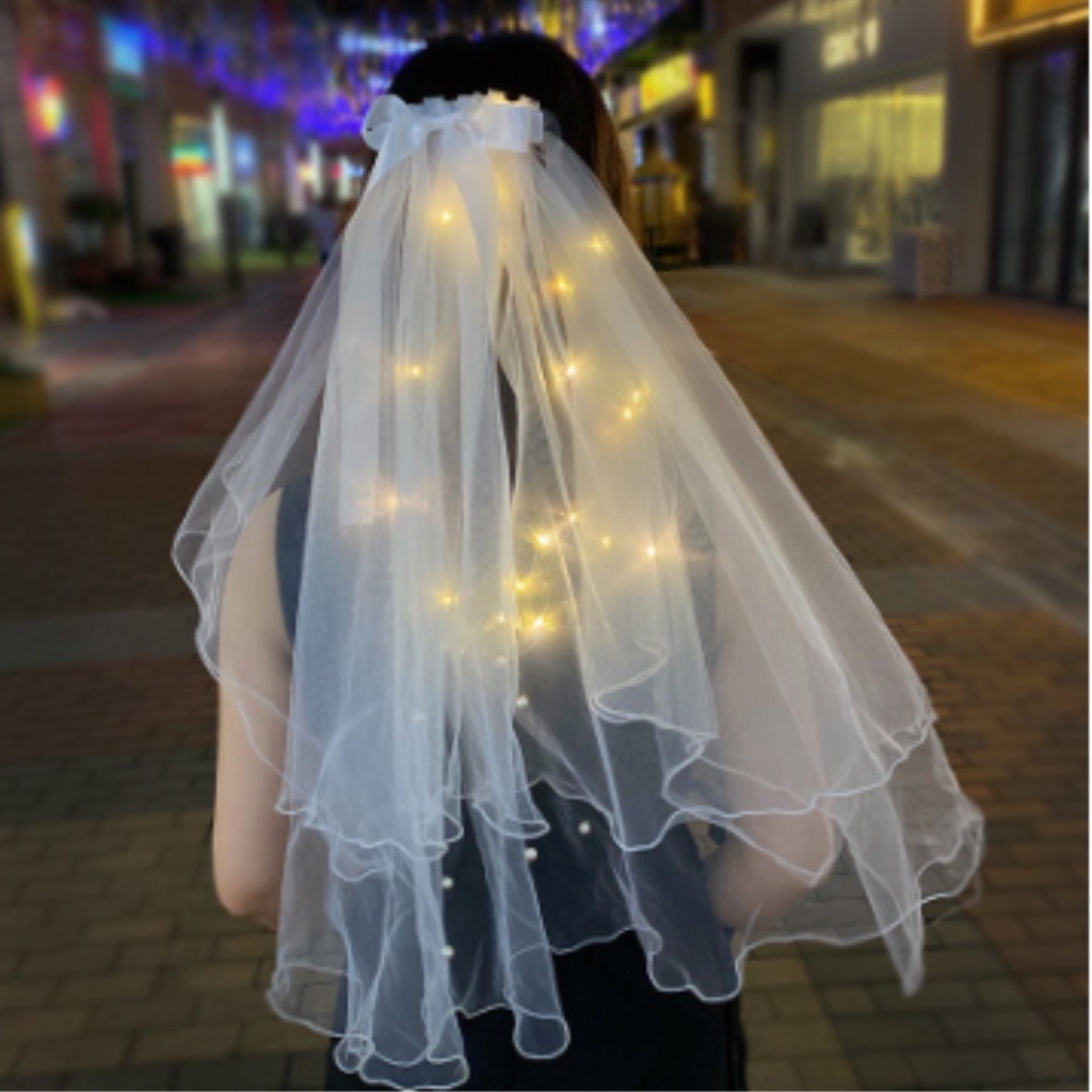 LED Lights Pearls Ribbon Bow Bridal Veil Multi-Color Double Layer Short ...