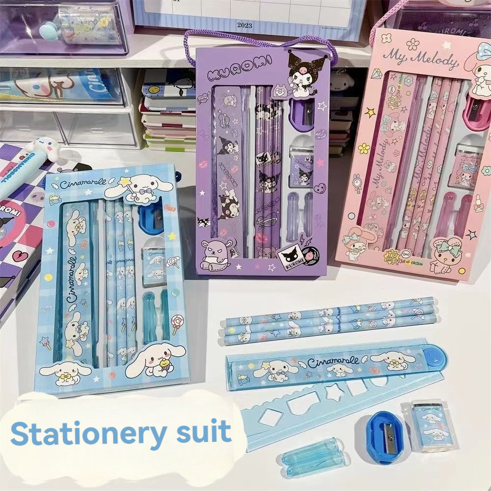 8PCS Cartoon Labubu Sanrio Pencil Gift Set Cute Melody Kulomi Children ...