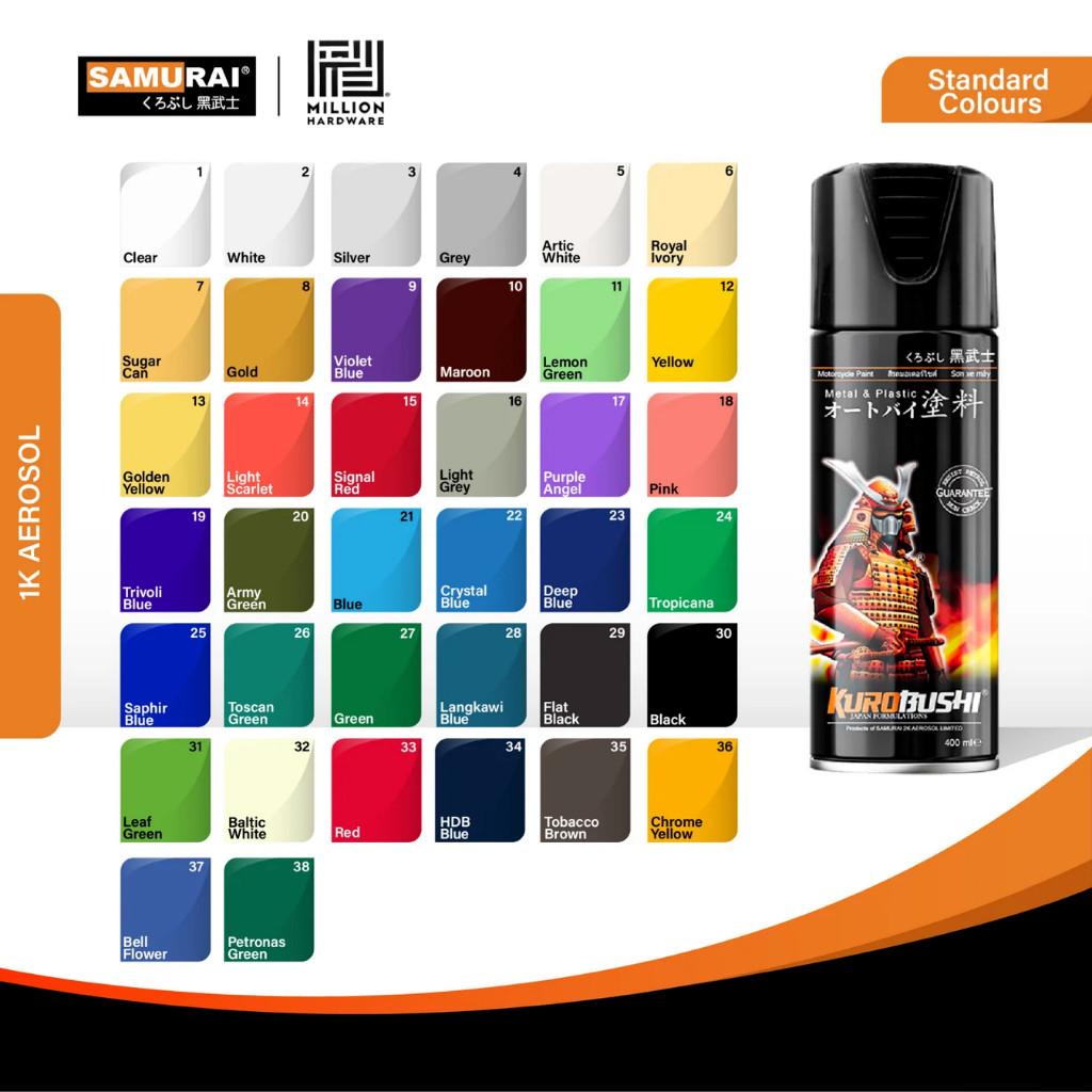Samurai Spray Paint Standard Colours Paint Tin 400ML 1-38 Matte Black ...