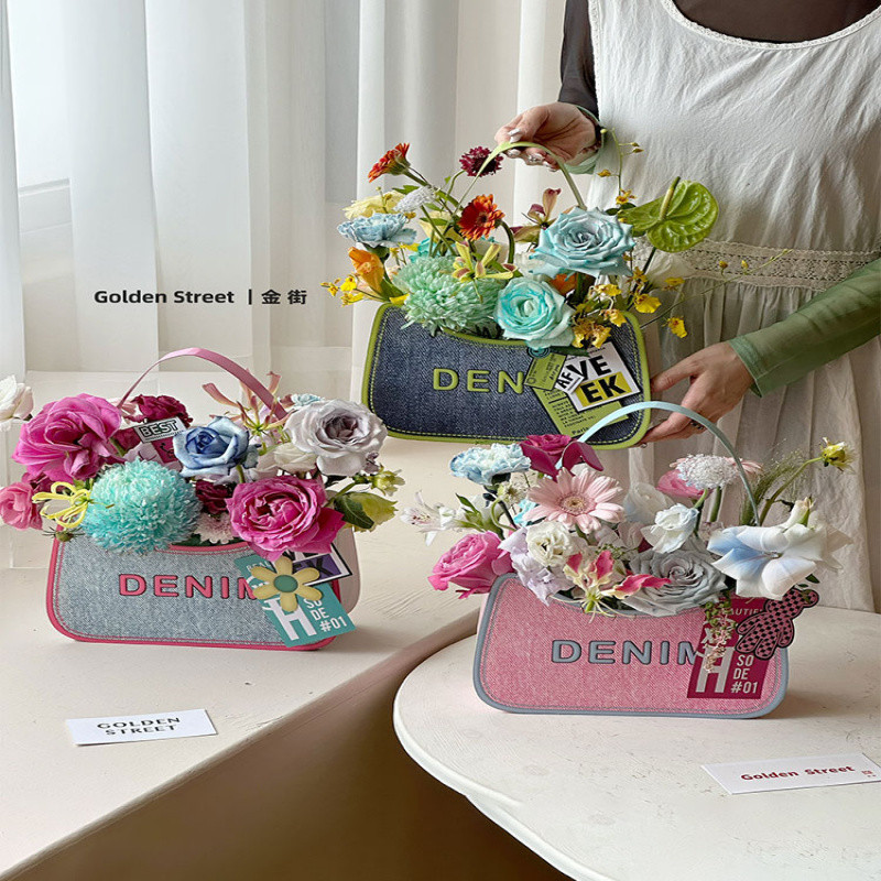 Customized Flower Packaging Denim Denim Bag Retro Style Rose Flower ...