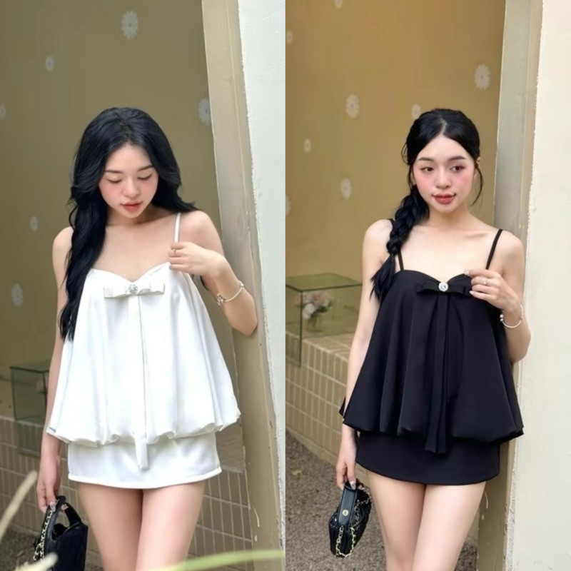 Set of 2-piece bombshell top with stone bow mixed with thick 2-layer A ...