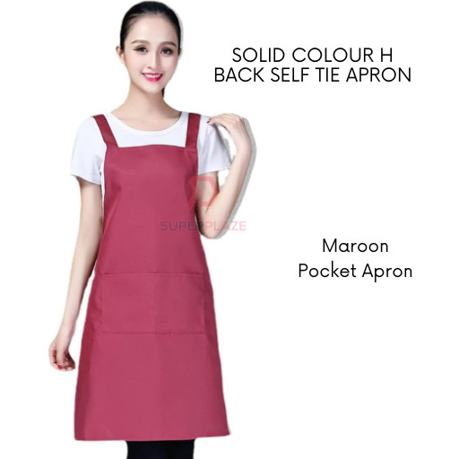 Maroon Solid Color H Back Self Tie Apron Bib Pocket Kitchen Chef Apron ...