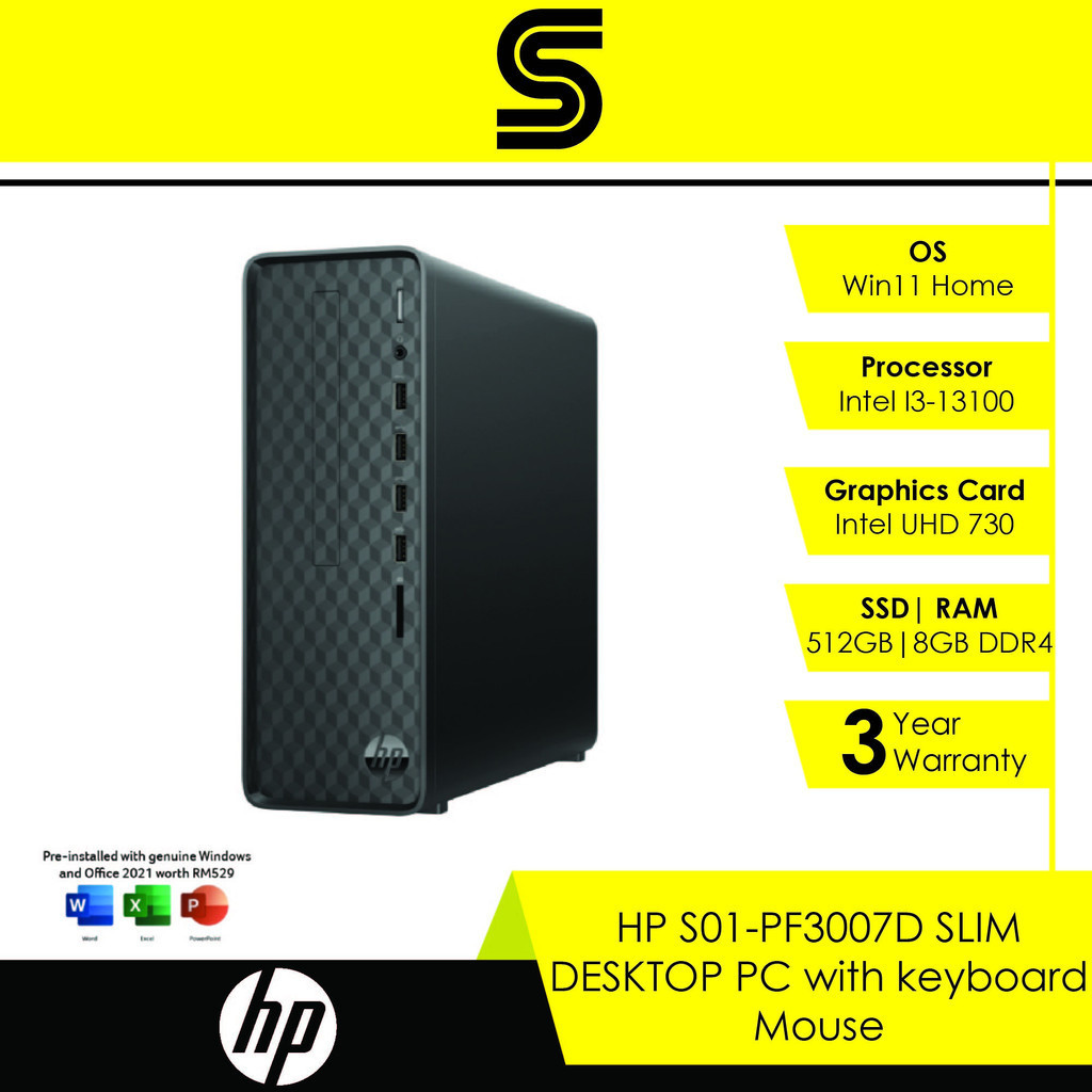 HP S01-PF3007D Slim Desktop PC with keyboard & mouse (I3-13100/8GB DDR4 ...