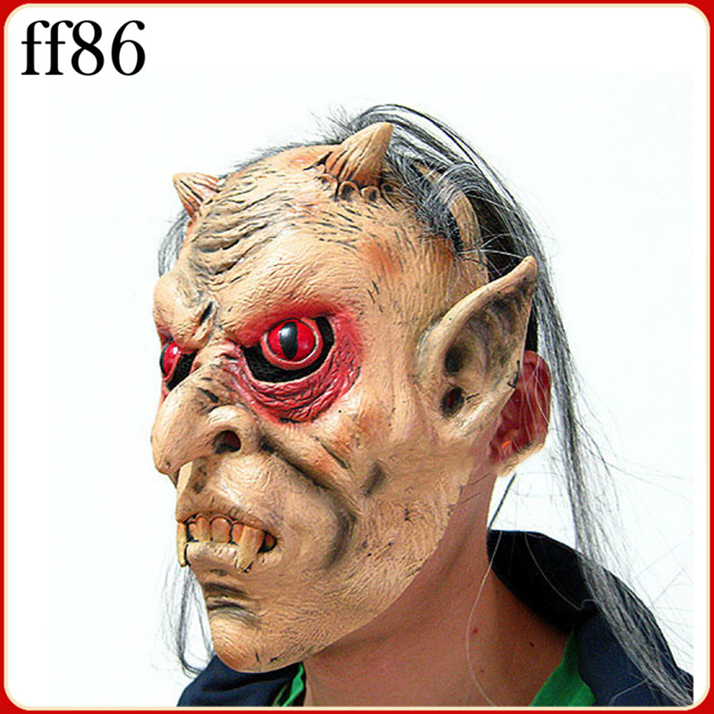 1/2/3 Latex Full Face Red Eyes Long Hair Wig Mask Halloween Toothy ...
