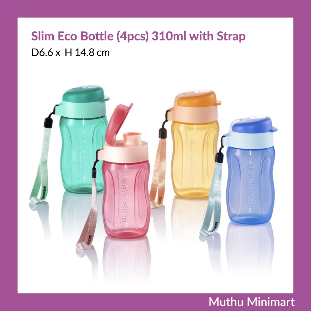 Original Tupperware | Slim Eco Bottle (4) 310ml with Strap Water Bottle ...