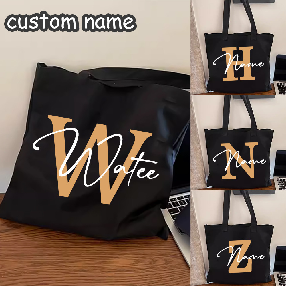 Custom Name Letter + Name Printed Canvas Tote Bags Large Capacity ...