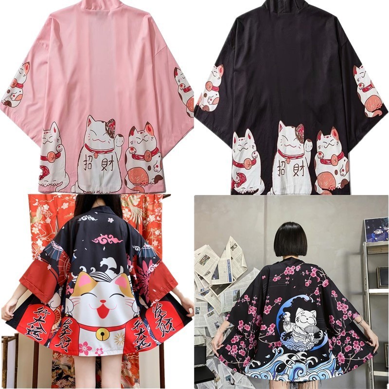 summer cardigan plus size ukiyo-e kimono cloak lucky cat printing loose ...