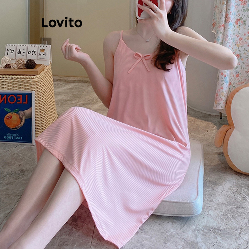 Lovito Casual Plain Bow Cold Shoulder Sleep Dress for Women LNA49177 ...