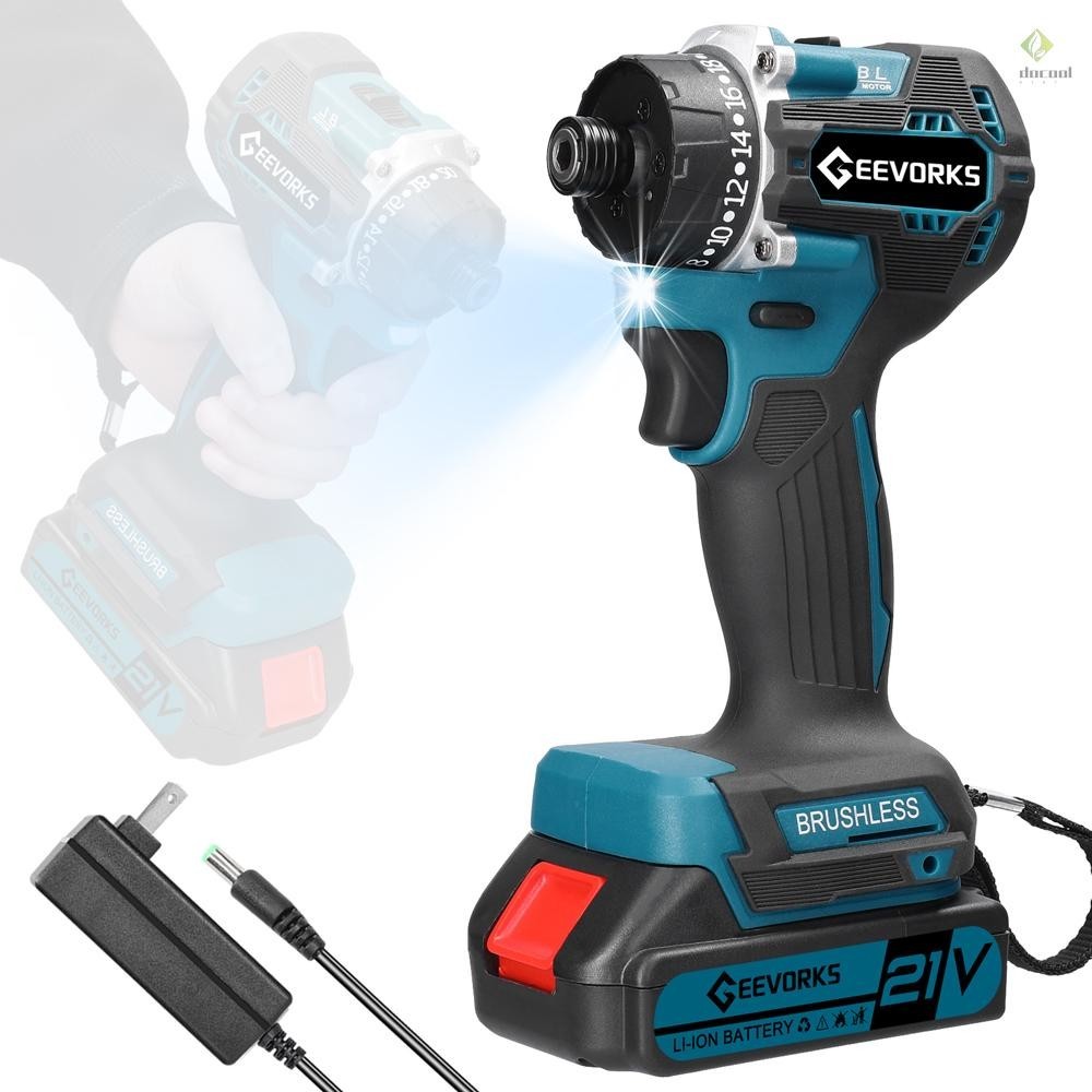 Geevorks 21V Cordless Electric Drill Brushless Motor 2 Speeds Control ...