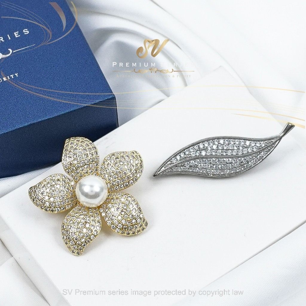 Sv Premium Brooch Bahu Kerongsang Tudung Bunga & Daun Pearl Flower ...
