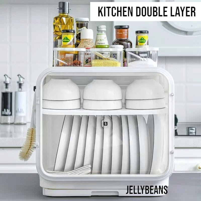 Kitchen Dish Rack Double Layer Dish Draining With Cover Rack Cabinet ...