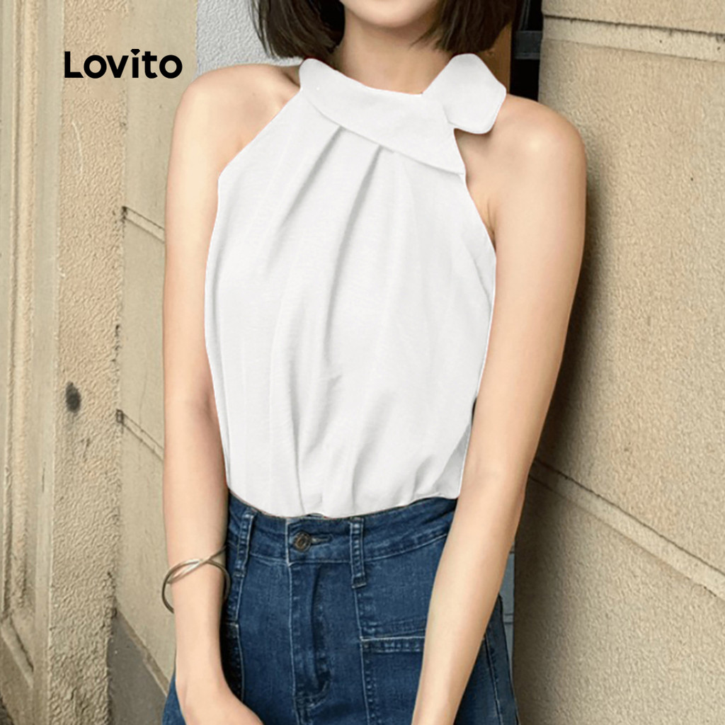 Lovito Casual Plain Pleated Tank Top for Women LNM83034 | Shopee Malaysia