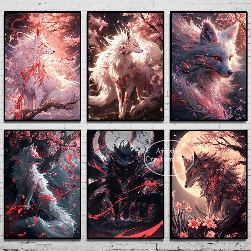 Seni Makhluk Mistik: Poster Lukisan Canvas Putih Hitam Sakura Kitsune ...
