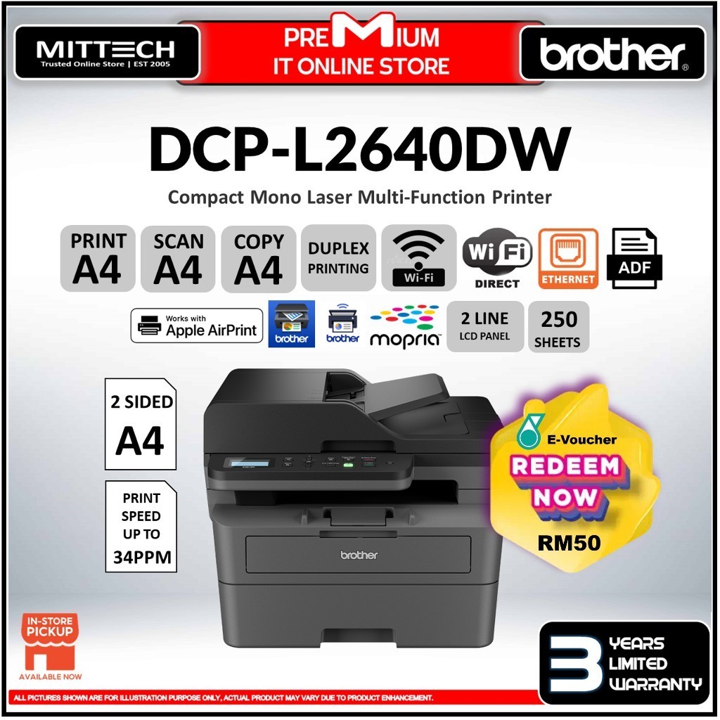 Brother Mono Laserjet Printer DCP-L2640DW A4 3in1 | Up to 34 ppm ...