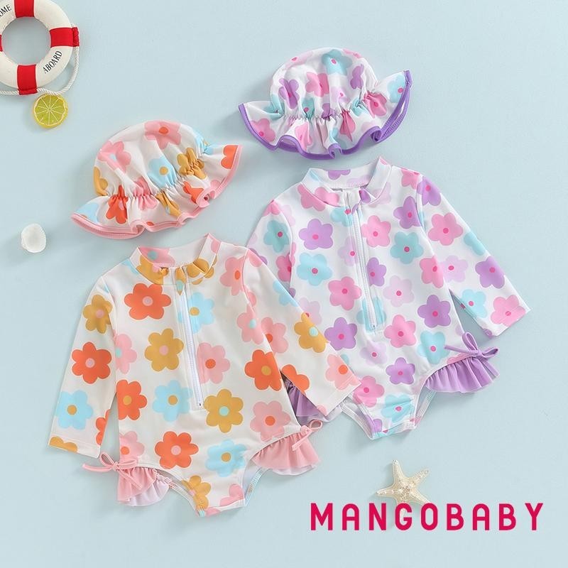MANGO-Baby Girl Rash Guard Swimsuits Summer Floral Print Zipper ...